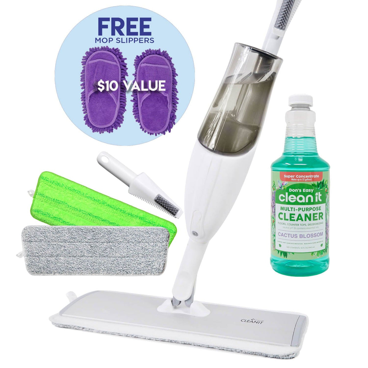 Spray Mop Plus & Cleaner Bundle- FREE Pair of Mop Slippers – Don Aslett